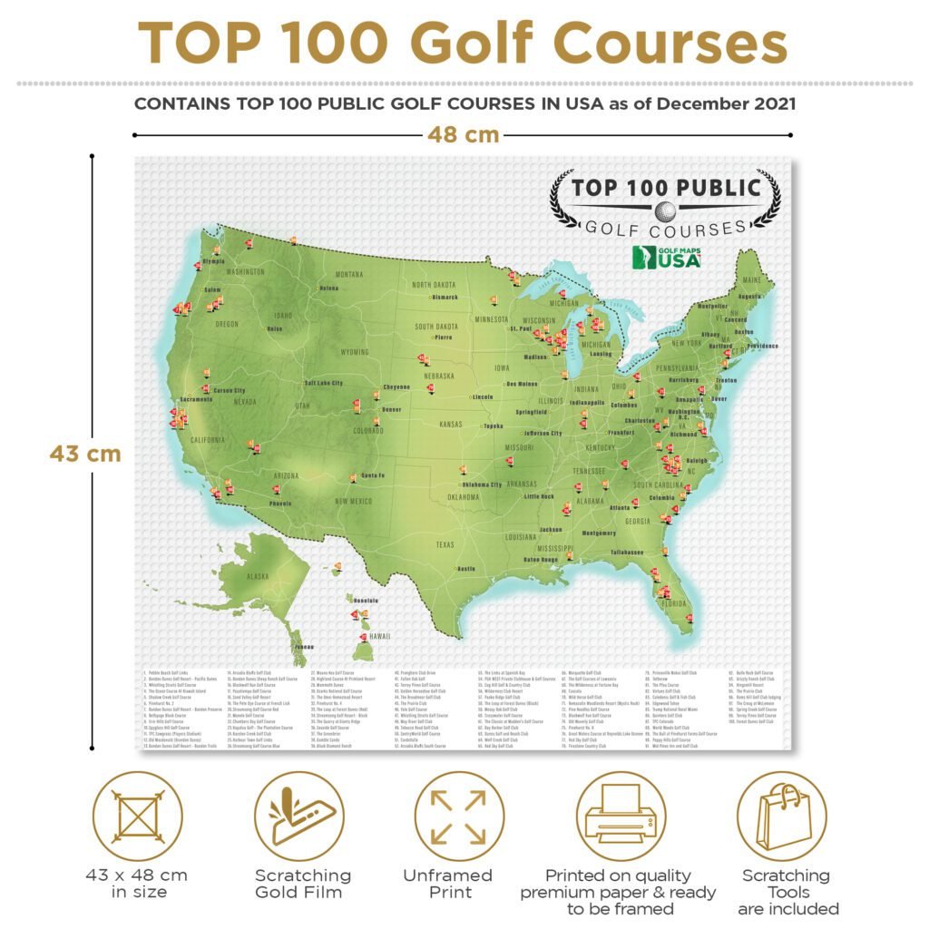 USA Golf Course Tracking Map - Top 100 Courses - Gift for Golfers